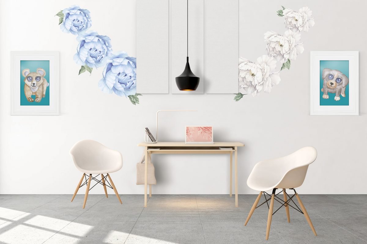 Blue and White Peony Wall Decals - Removable Wallpapers, Wall Stickers ...