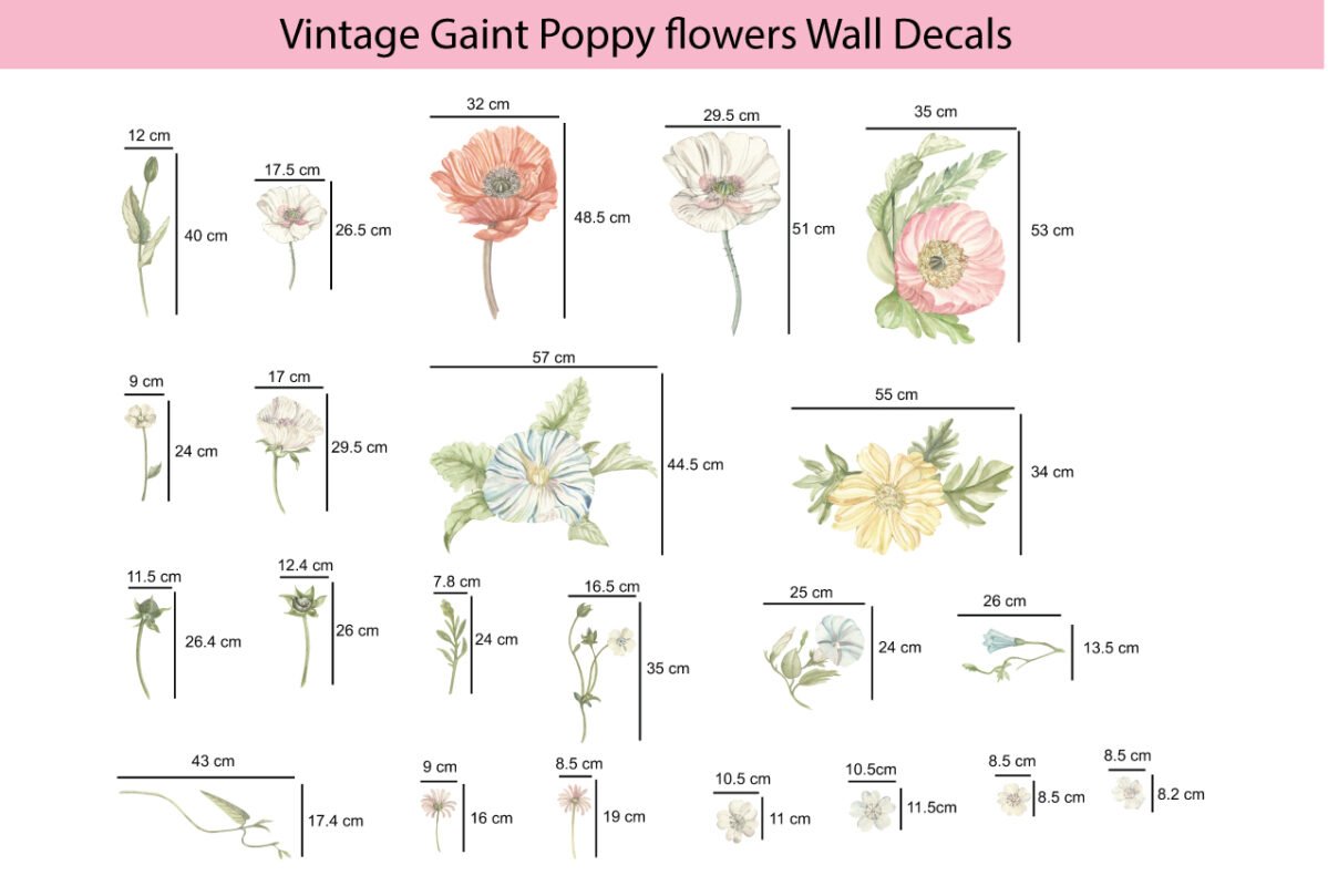 Vintage Gaint Poppy flowers wall Decals - Removable Wallpapers, Wall ...