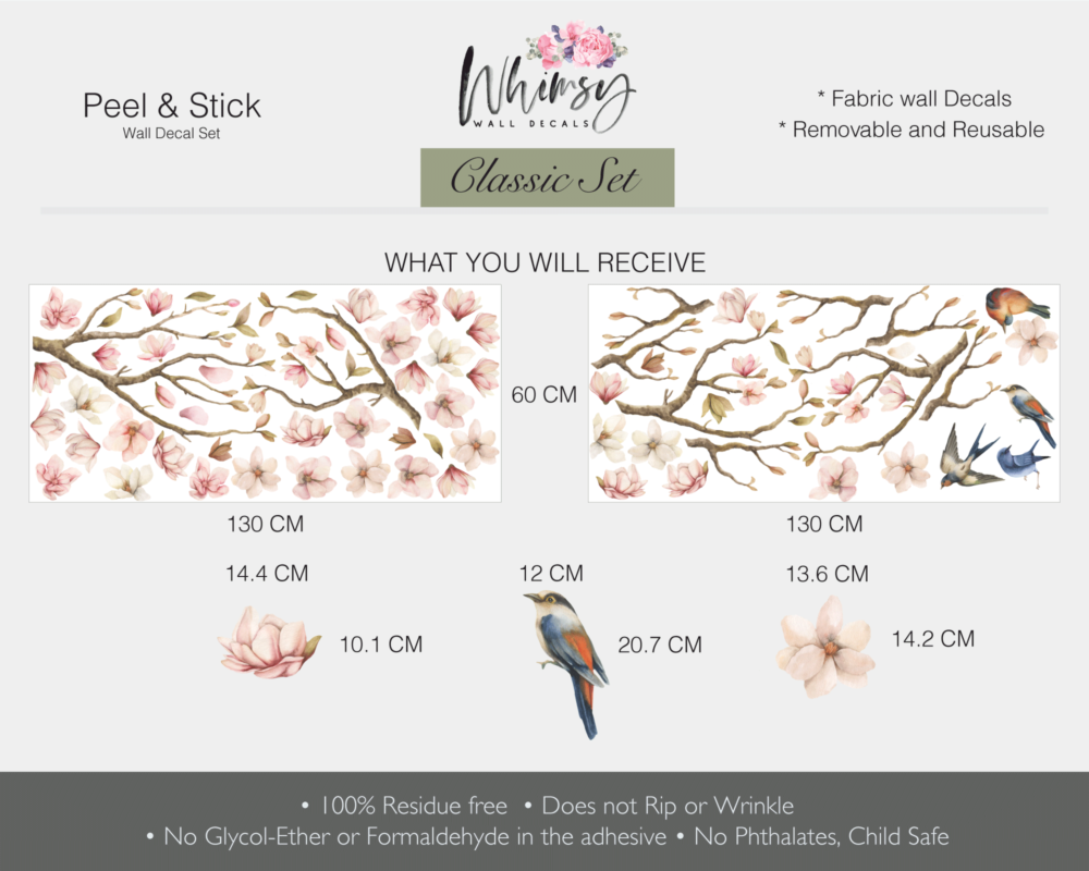 Magnolia Branch with flowers and Birds Wall Decals - Removable ...
